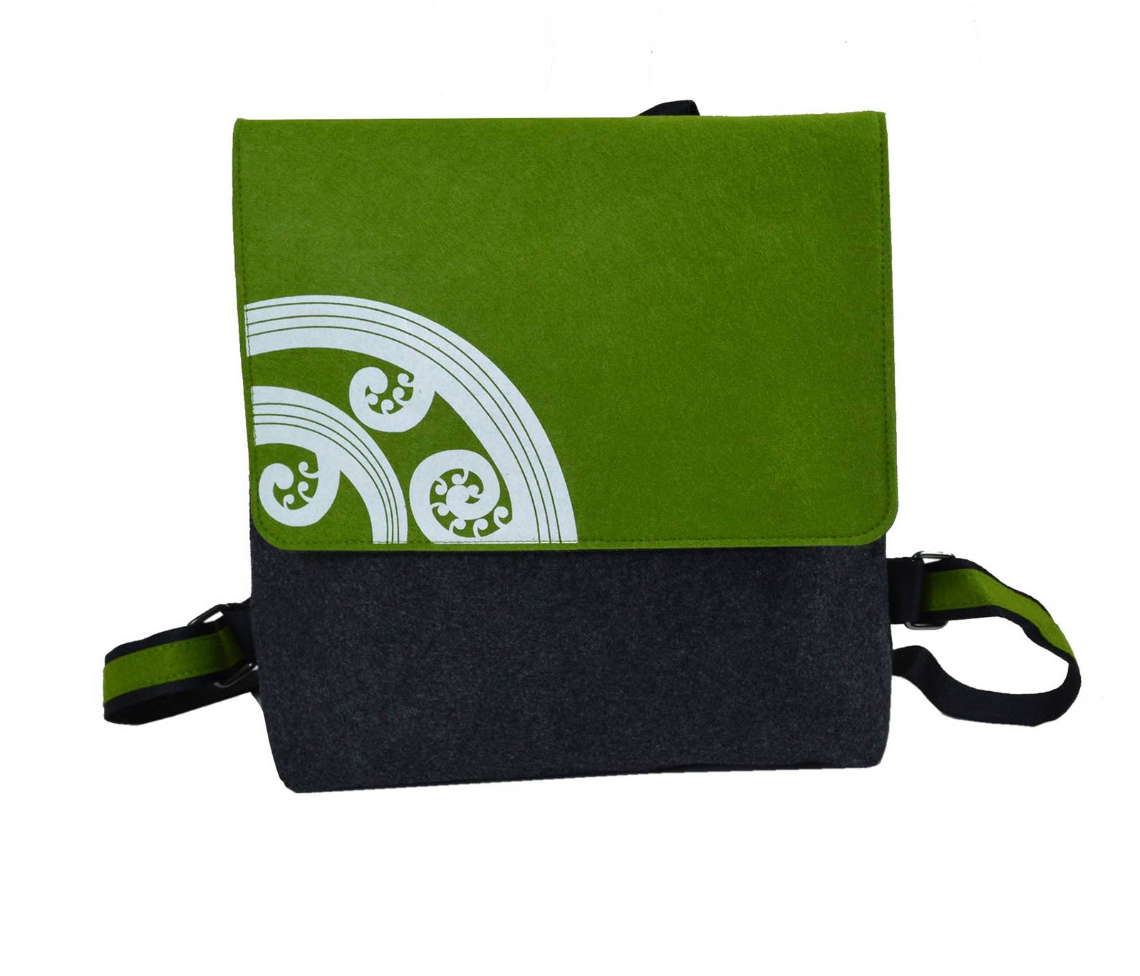white koru on green · dark grey backpack – JoLuping_Design
